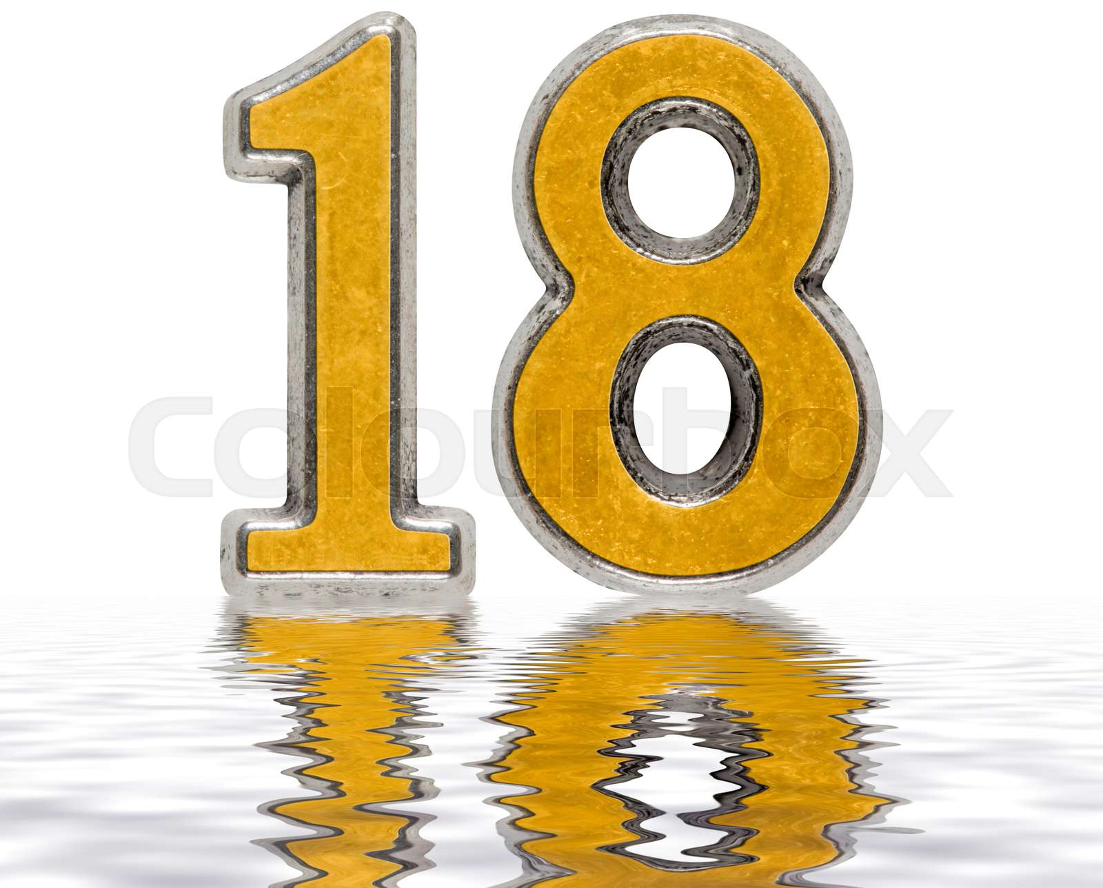 Numeral 18, eighteen, reflected on the water surface, isolated on white ...