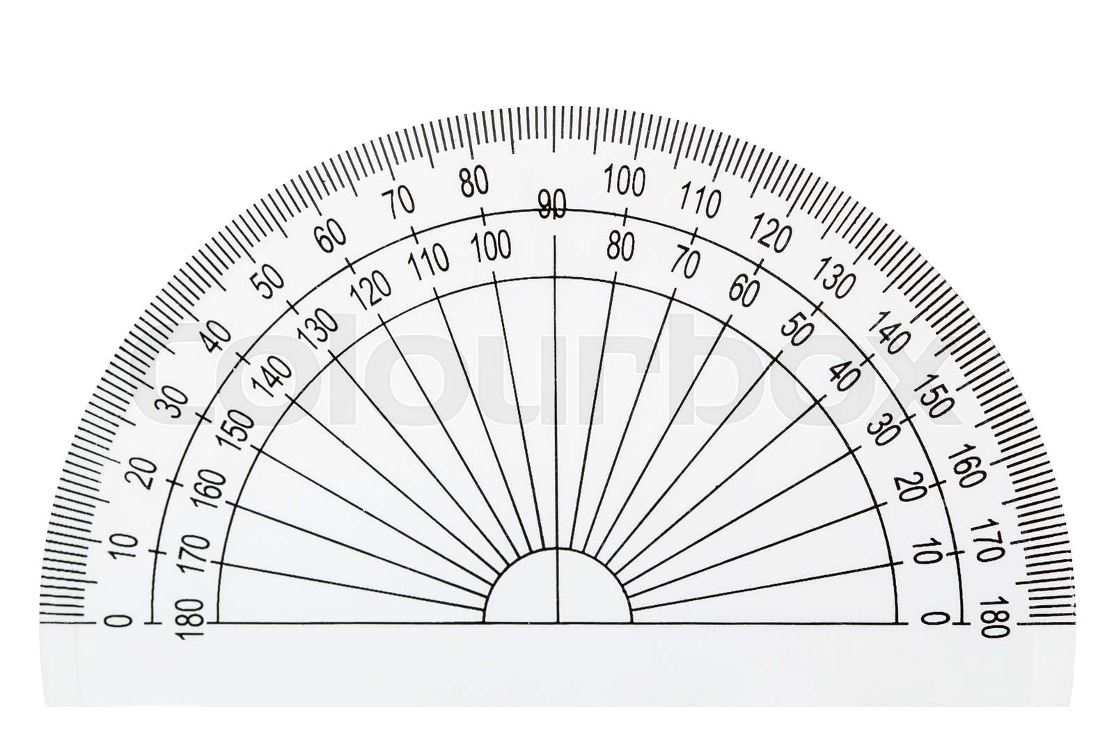 White plastic transparent protractor, isolated on white background ...
