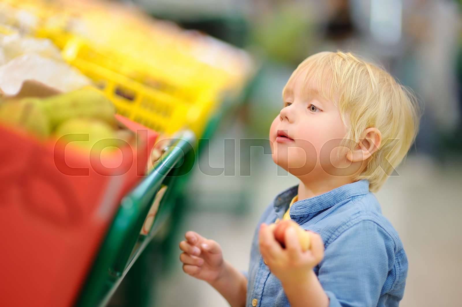 Cute little boy in a food store or a supermarket choosing fresh organic ...