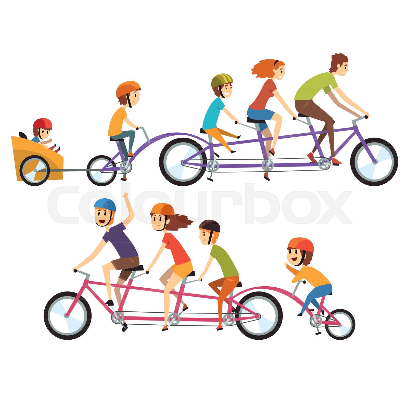Illustration of two happy families riding on big tandem bike. Funny ...