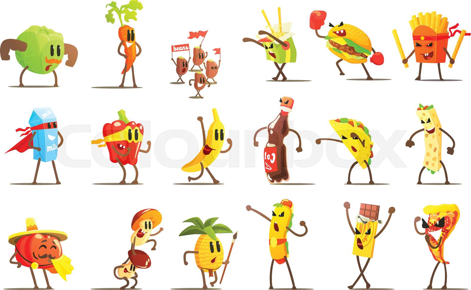 Fast Food and Healthy Food Cartoon Characters Set | Stock vector ...