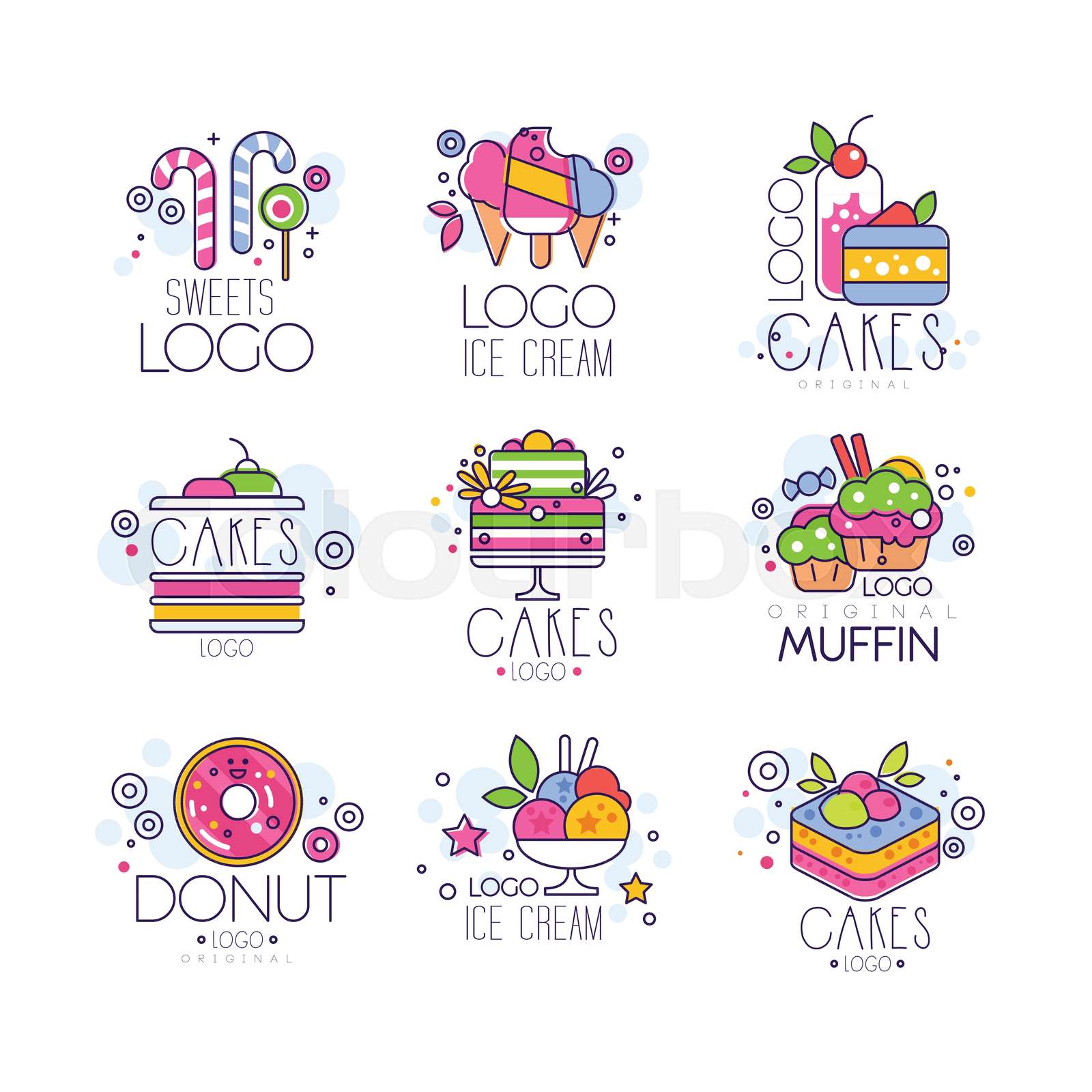 Sweets, cakes, ice cream logos set, confectionery and bakery products ...
