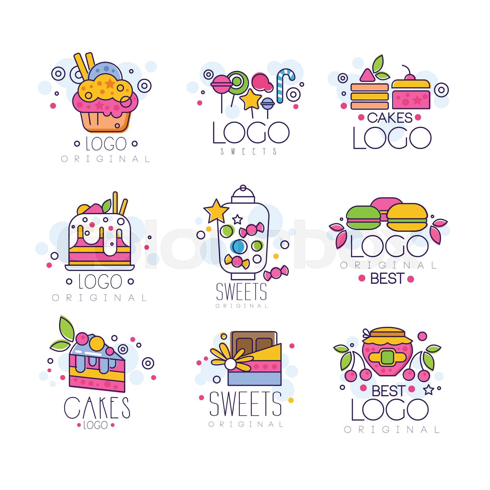 Sweets logos set, confectionery and bakery products vector ...