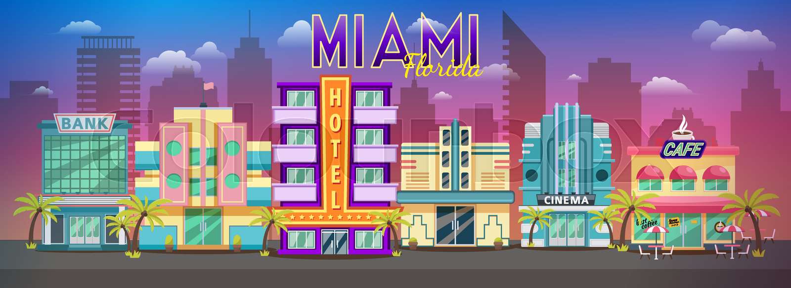 Old Miami skyline panorama at sunset. Retro city retro cityscape, retro ...