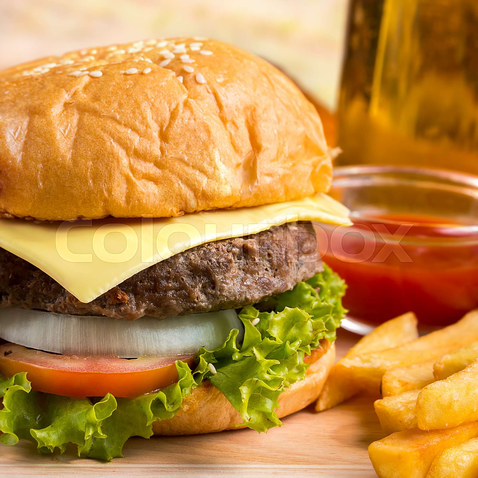 Chips With Burger Means Take Away And Bun | Stock image | Colourbox