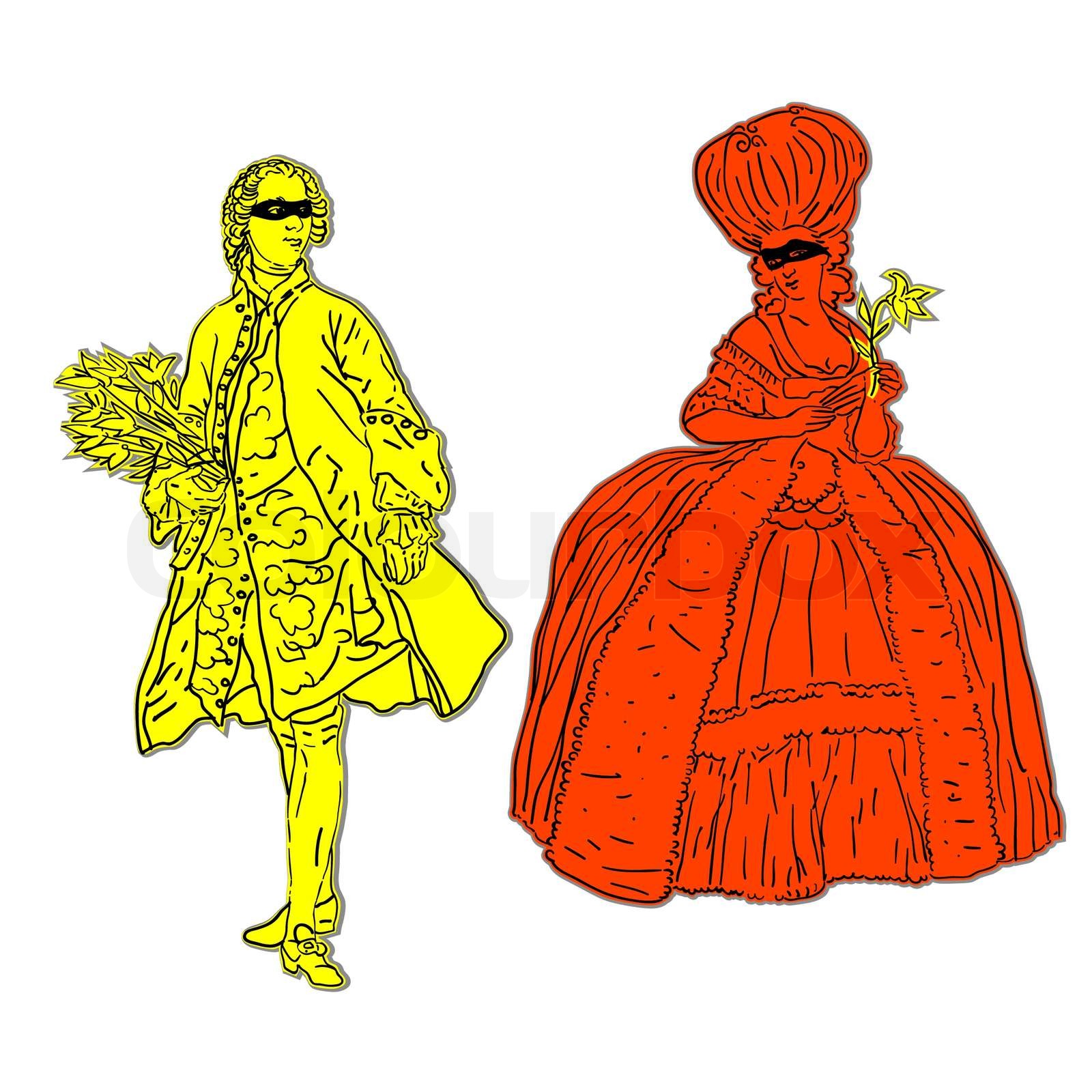 antique rococo costumes stickers on masked silhouettes, isolated on ...