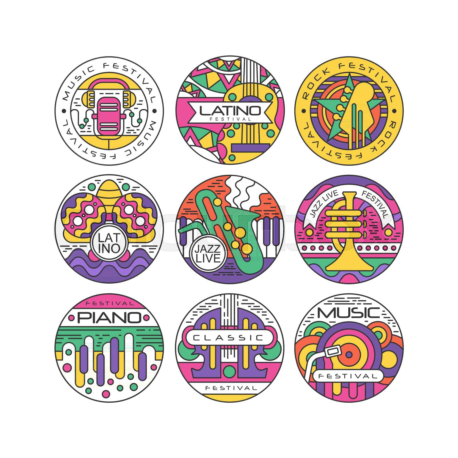 Music festival logo set, Latino, Jazz, Piano, Rock, Classic round ...
