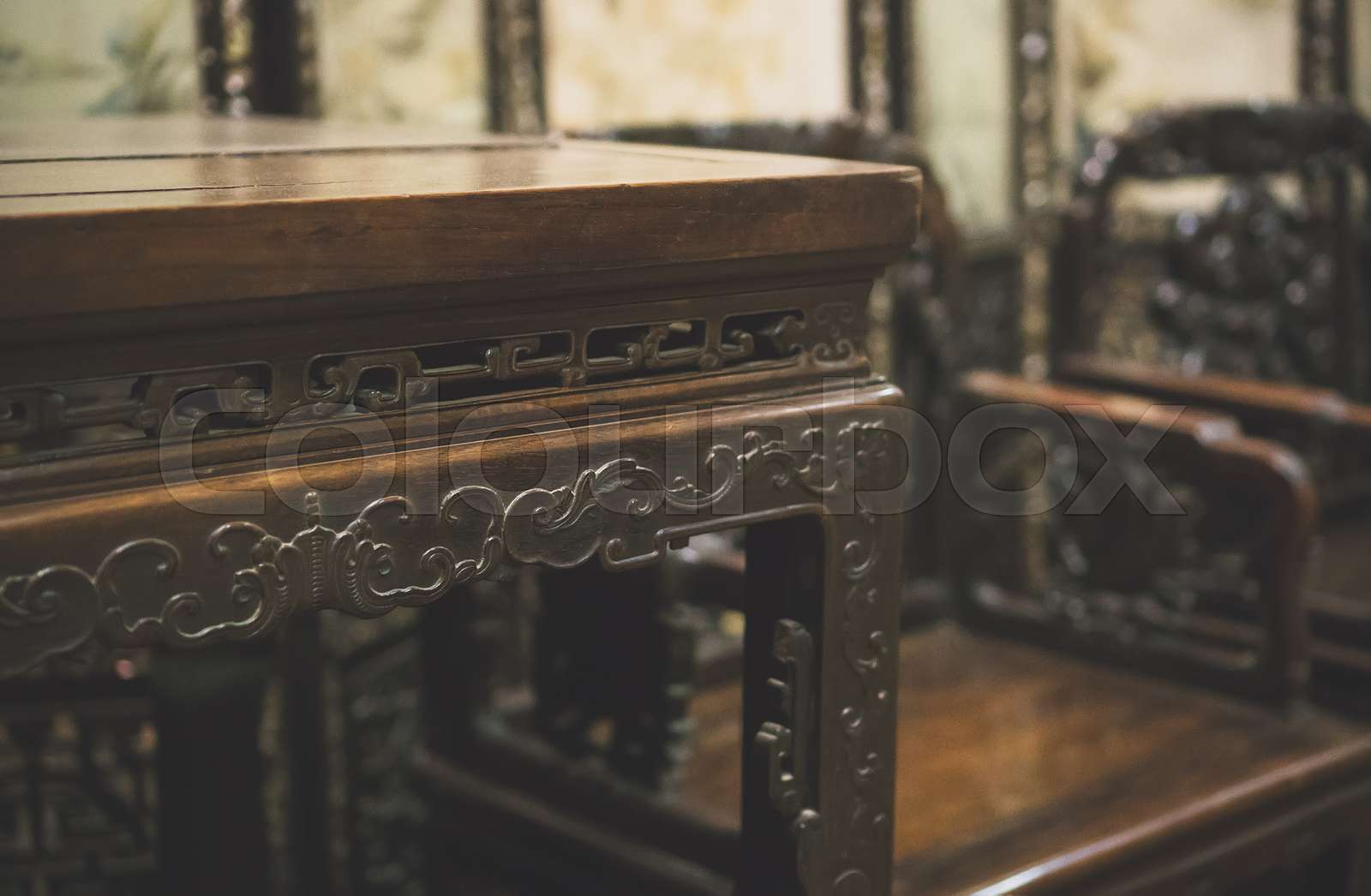 Table with chairs during the ancient China. | Stock image | Colourbox