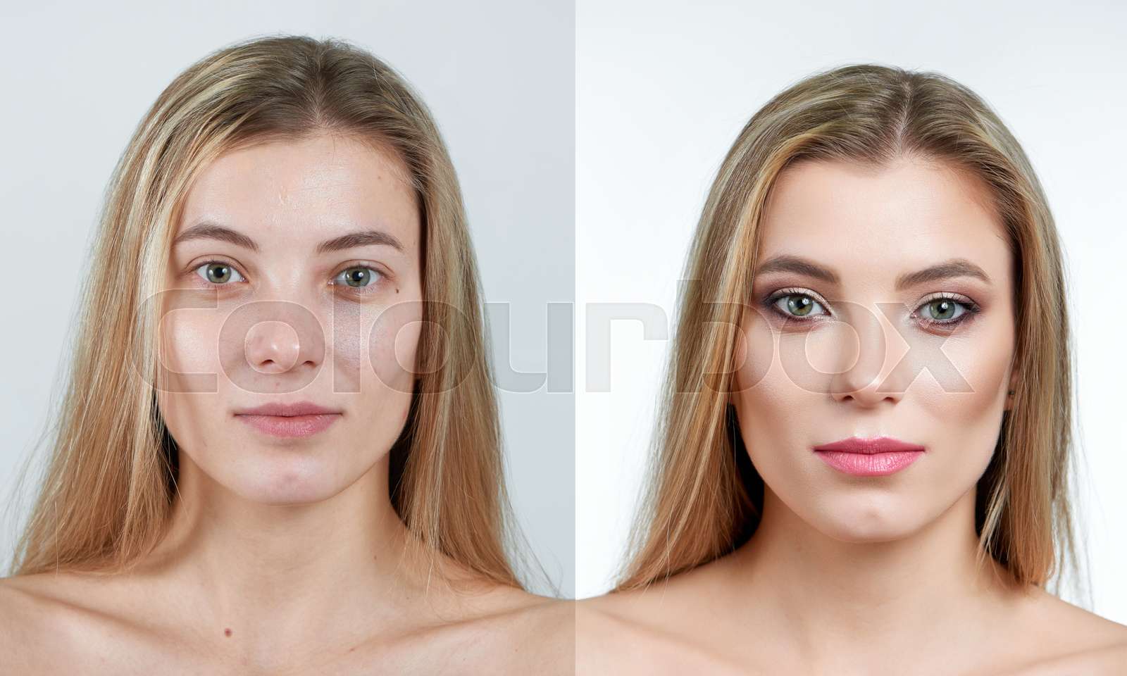 Comparison photo of a beautiful blonde girl without and with makeup ...