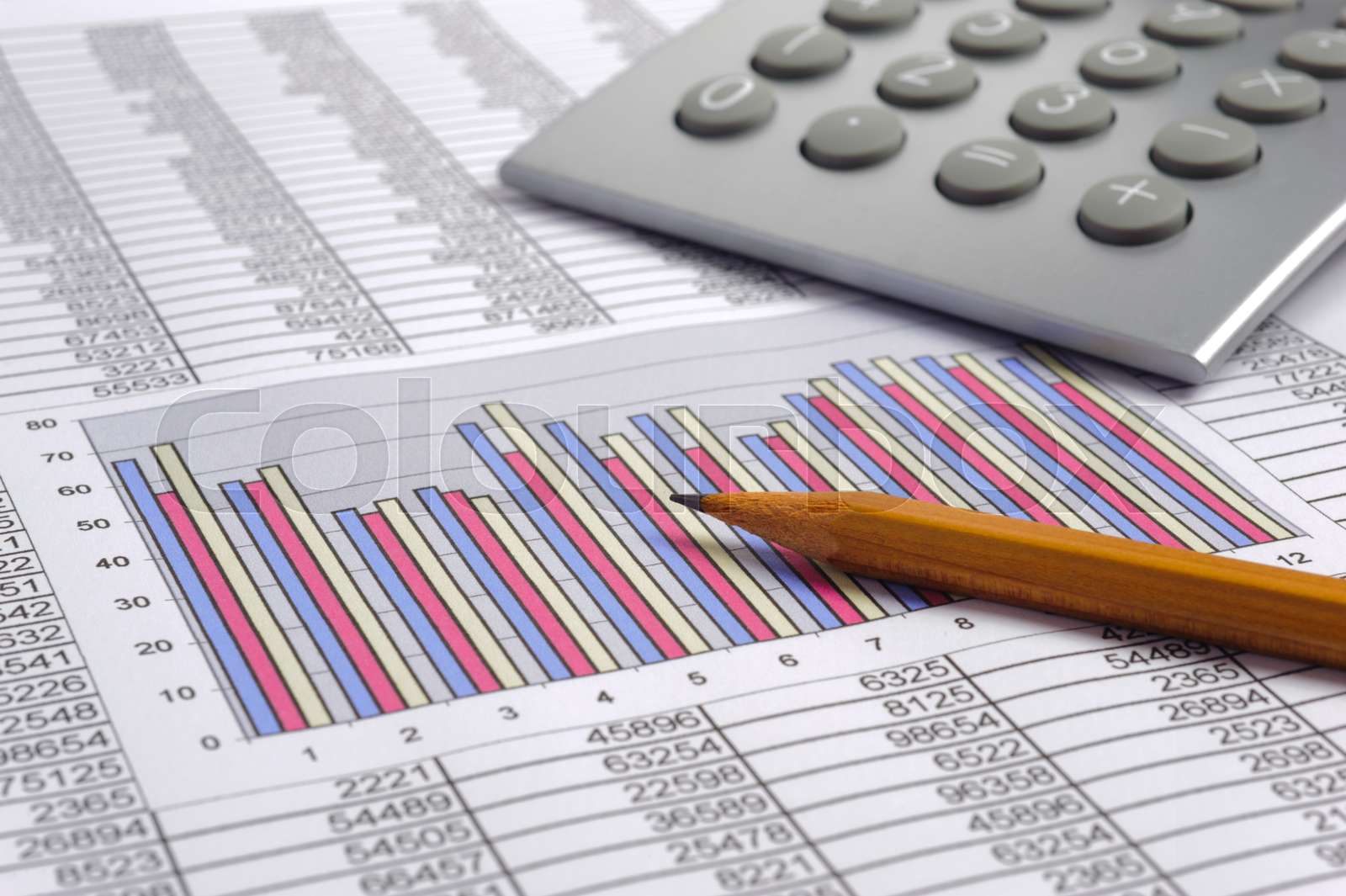 financial chart at exchange market with calculator and spreadsheet ...