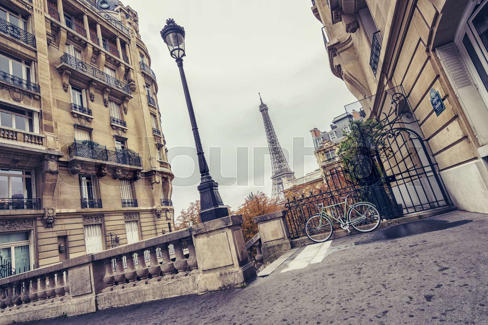small paris street view of the Eiffel Tower in paris, france | Stock ...