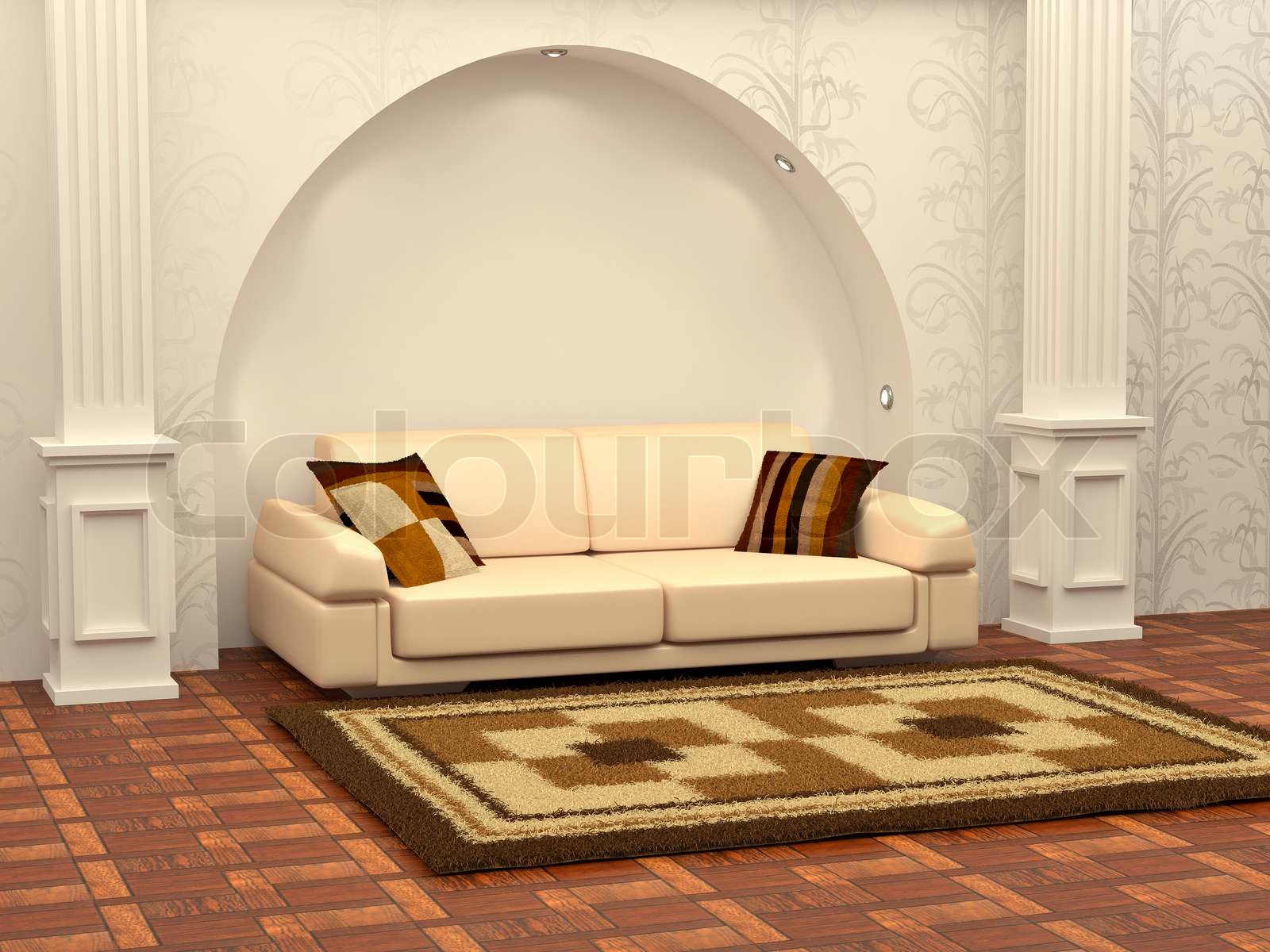 Sofa between the columns in red room | Stock image | Colourbox