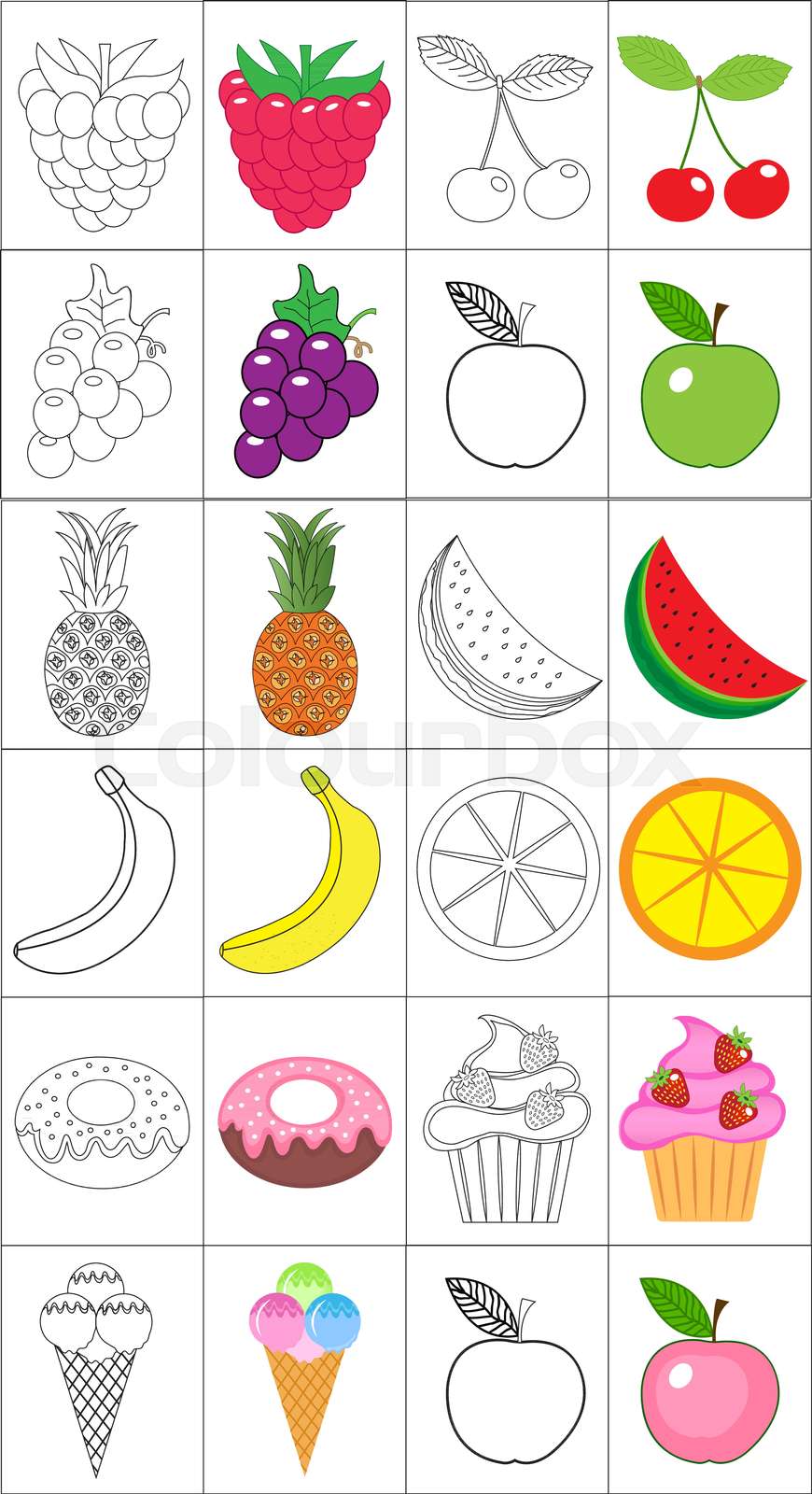 Coloring book, page set. Fruits collection. Sketch and color version ...
