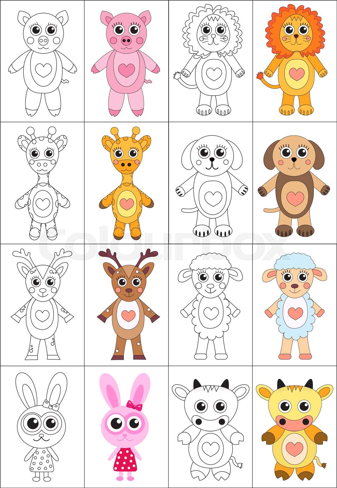 Coloring book page set. Animals collection. Sketch and color version ...