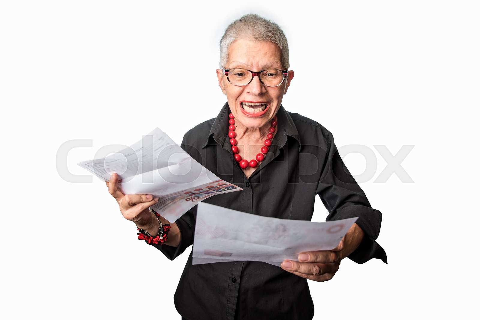 Enraged granny yelling at electricity company | Stock image | Colourbox