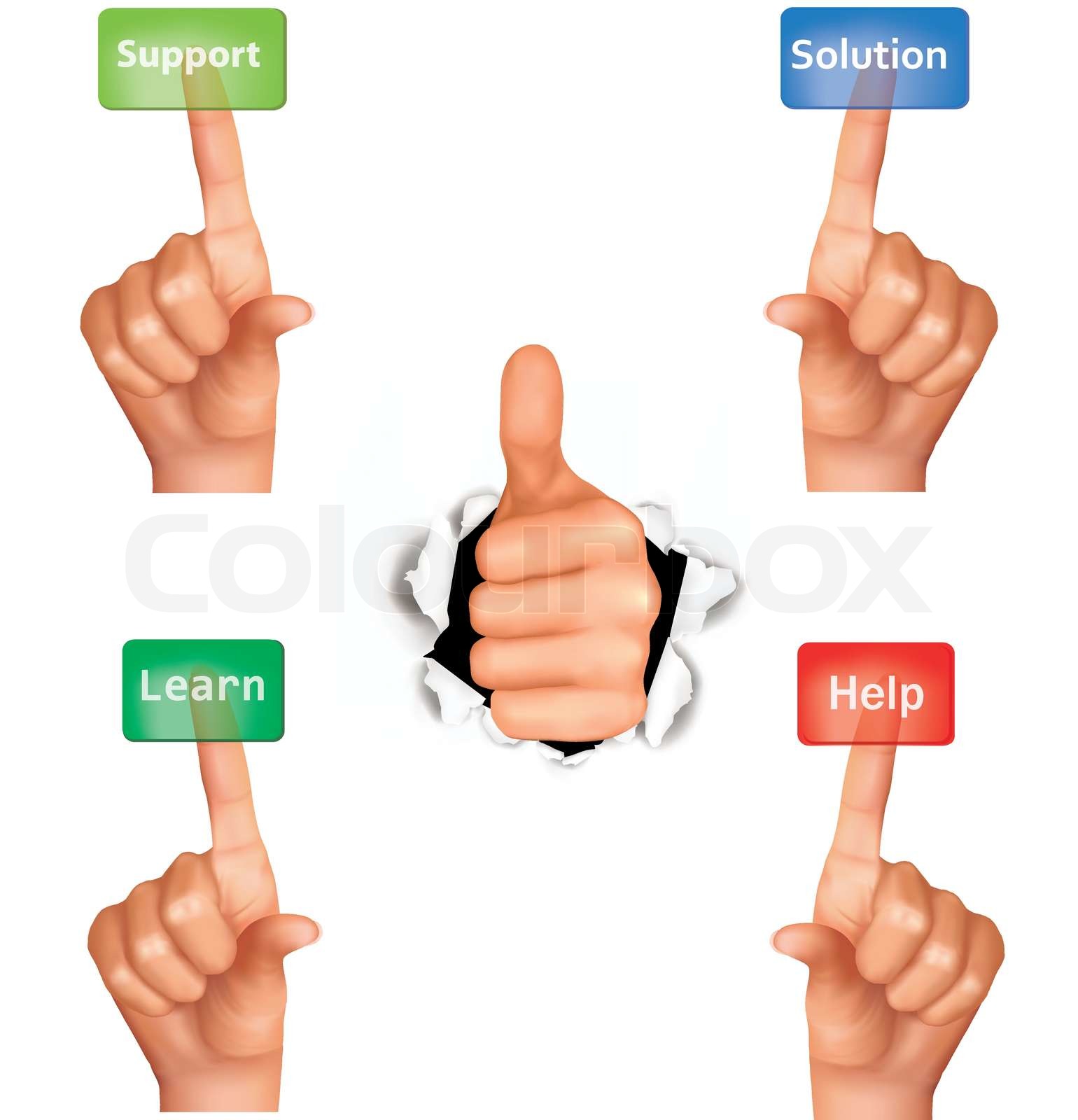 Set of hands pushing different buttons and thumb up. Vector. | Stock ...