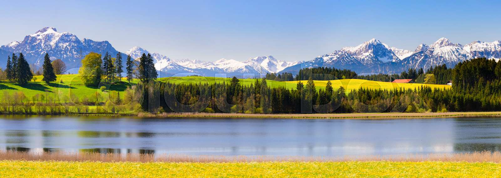 Panorama Landschaft im Allgäu mit Berge der Alpen und Forggensee bei ...