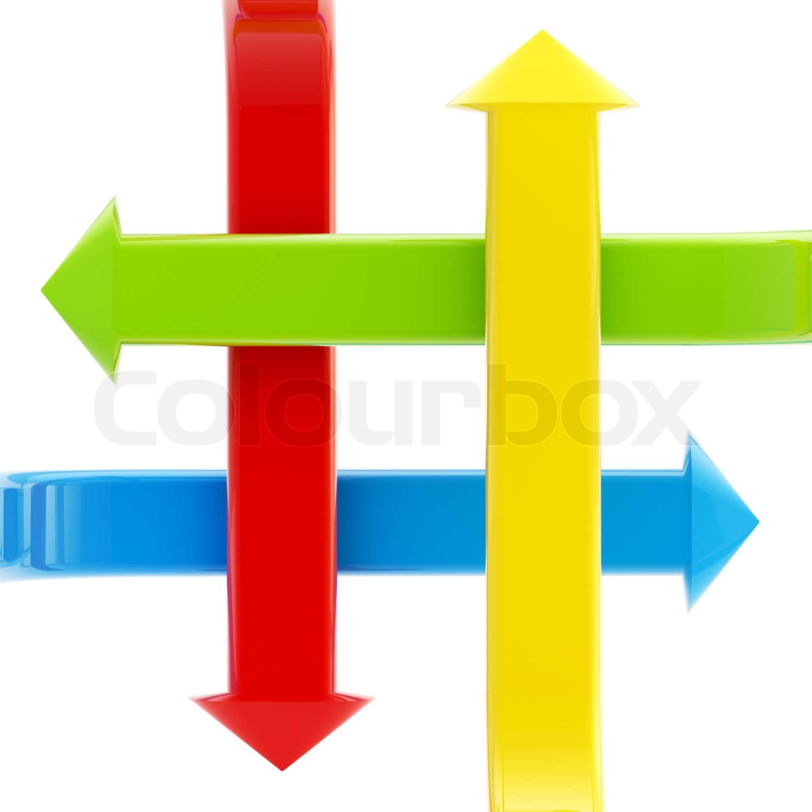 Four kinds of bright glossy arrows crossed and pointing to the ...
