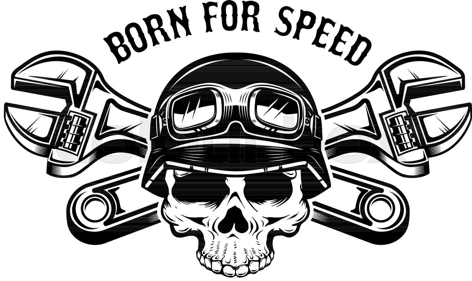 Human skull in racer helmet with crossed wrenches. Design element for ...