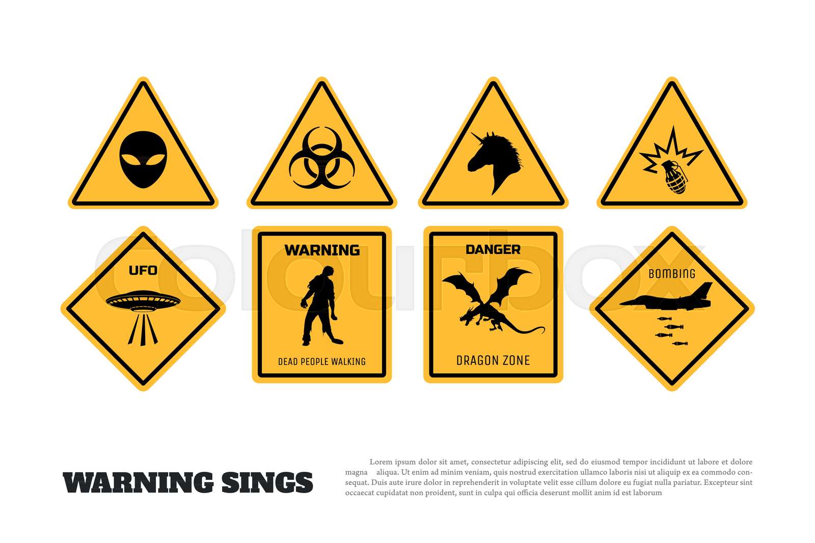 Comic fantasy yellow warning signs. Set of danger stickers and icons ...