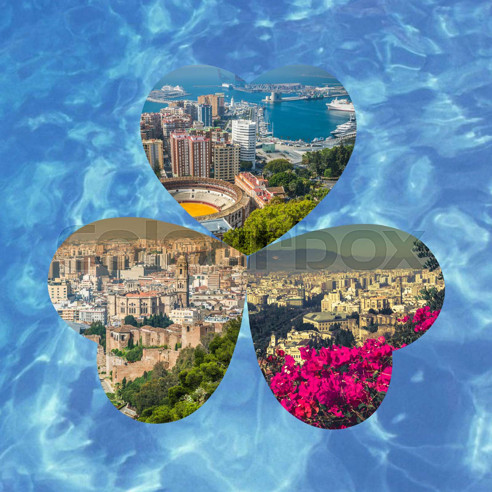 Collage of Malaga with flower pots in facades. Andalusian white village ...
