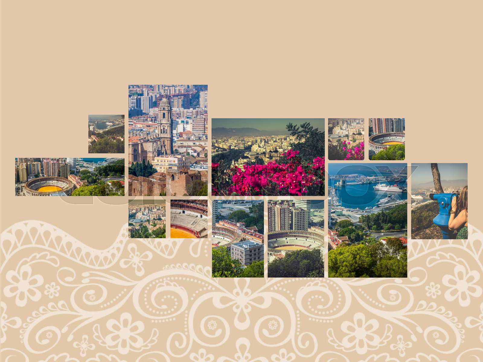 Collage of Malaga with flower pots in facades. Andalusian white village ...