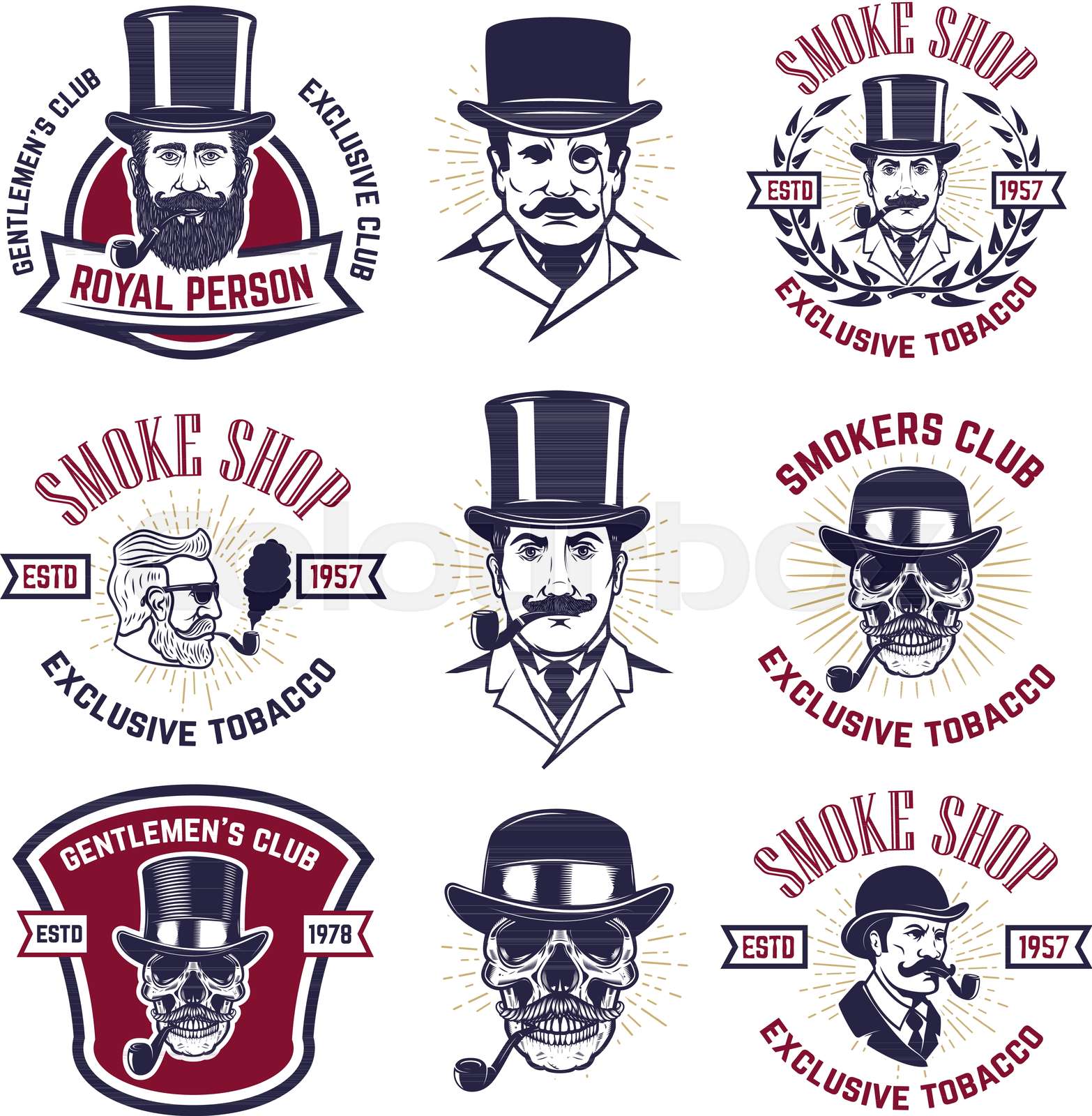Set of smokers club emblems. Vintage gentlemans portraits with smoking ...