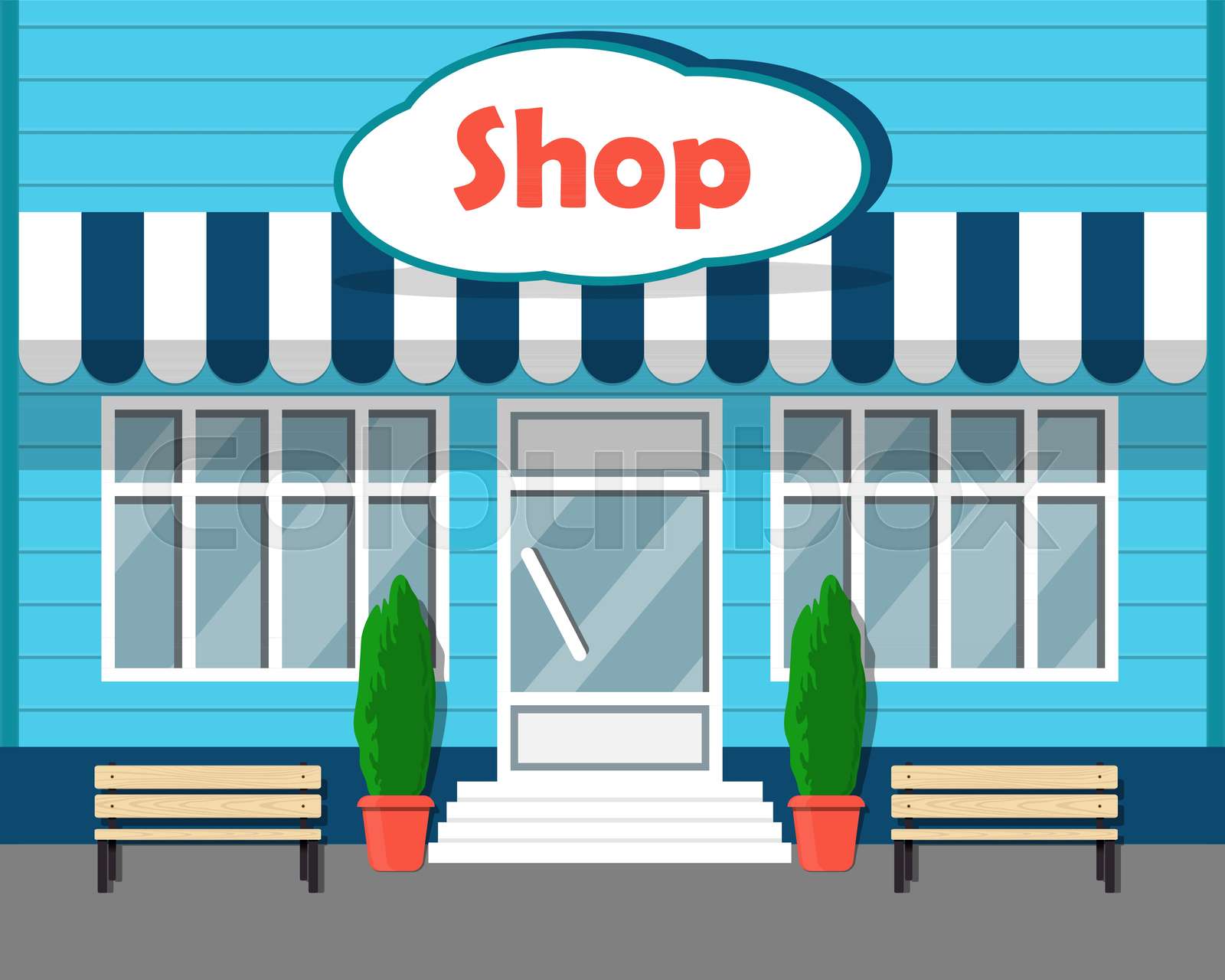 Beautiful modern store front with big windows and sign Shop on the ...