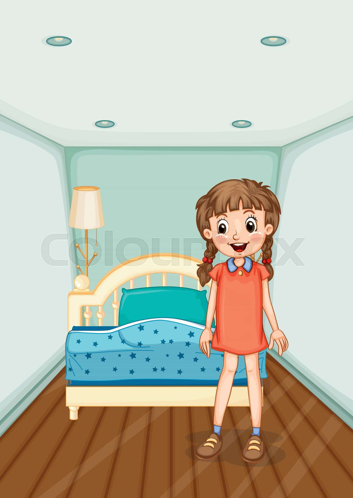 Girl standing in bedroom with blue bed | Stock vector | Colourbox