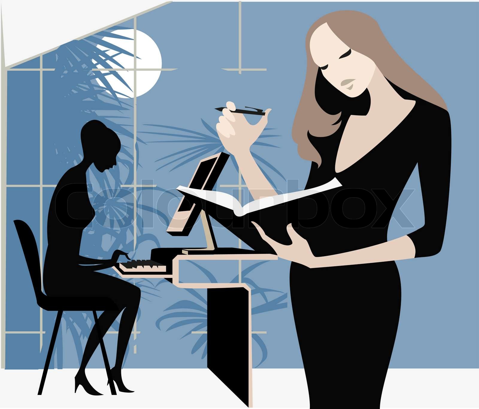 Late in the evening the two girls - manager complete urgent work ...