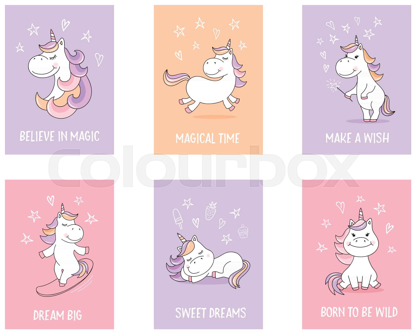 Cute unicorn greeting cards with quotes and magical symbols | Stock ...