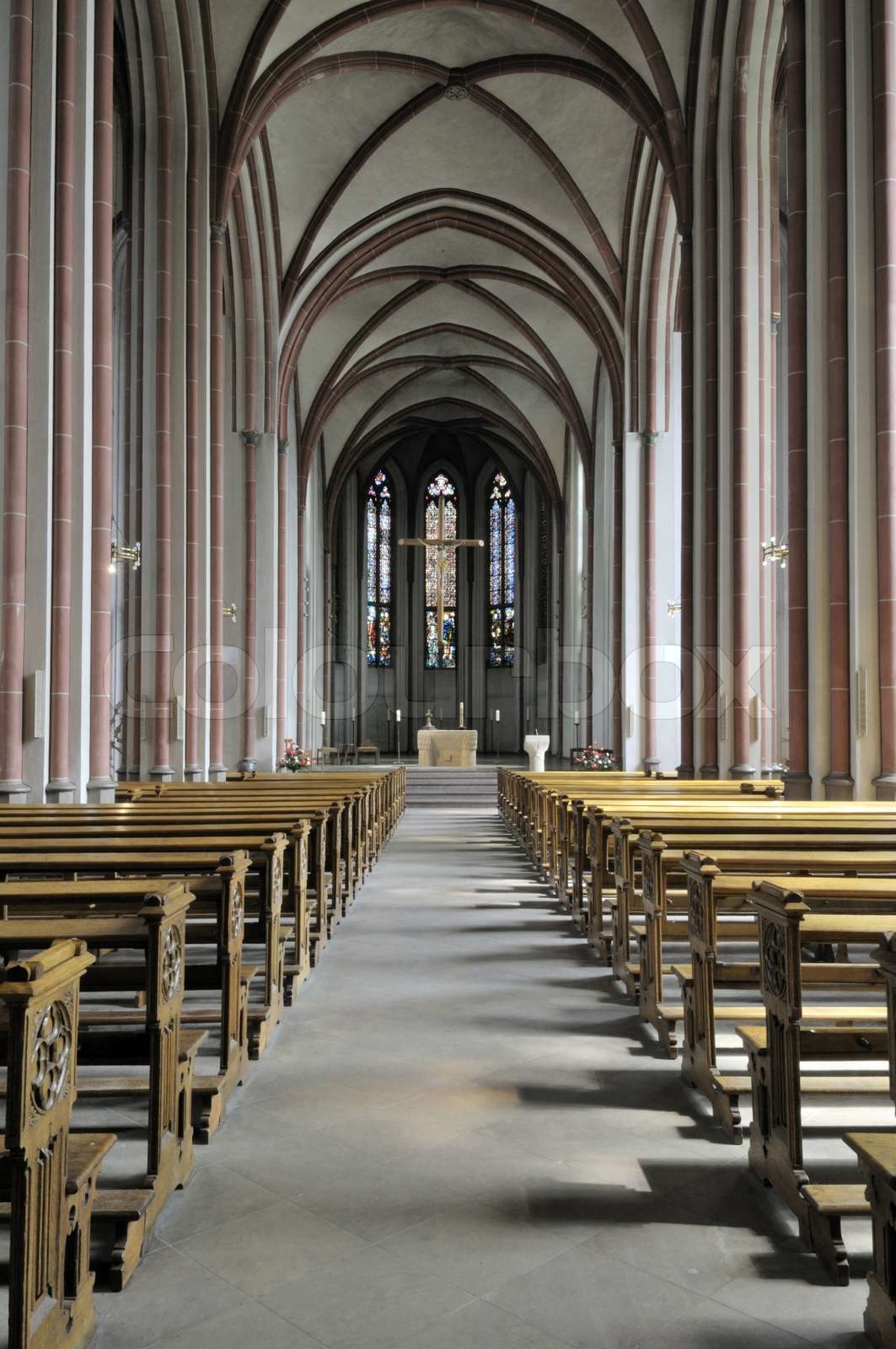 View over the inside of german church seen from the back of the church ...