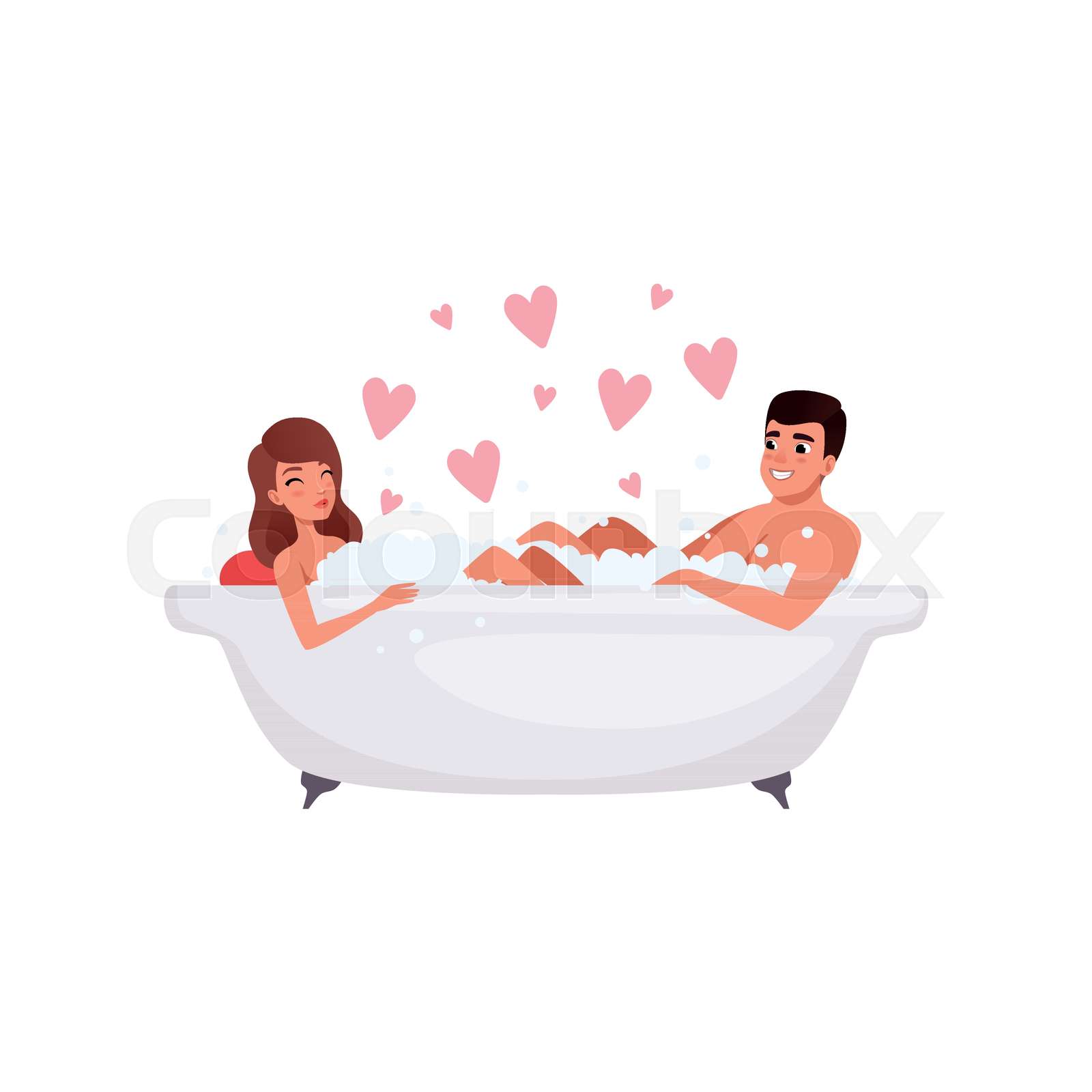 Young man and woman characters in a bathrub taking bubbled bath, happy ...