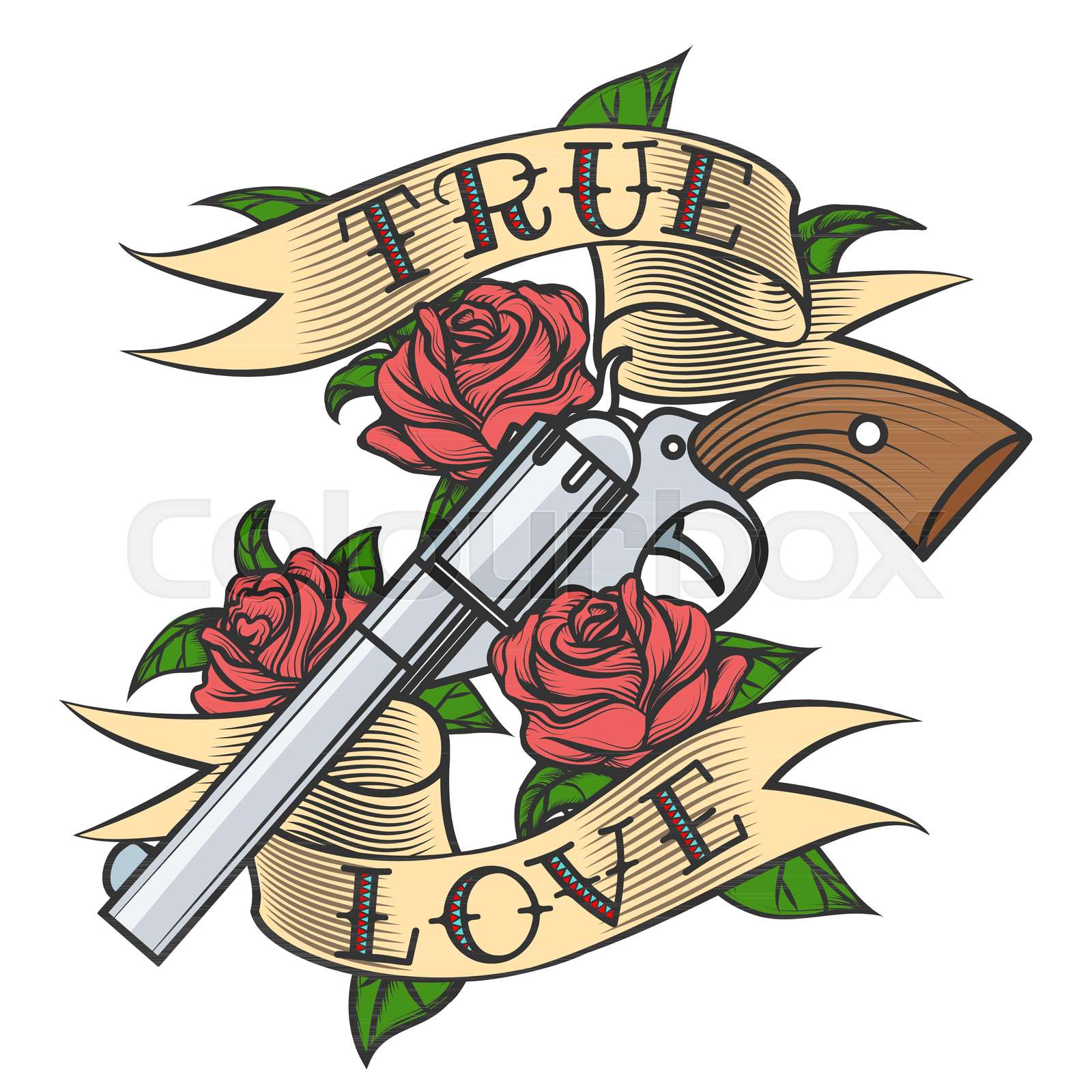 Tattoo with Revolver and Roses | Stock vector | Colourbox