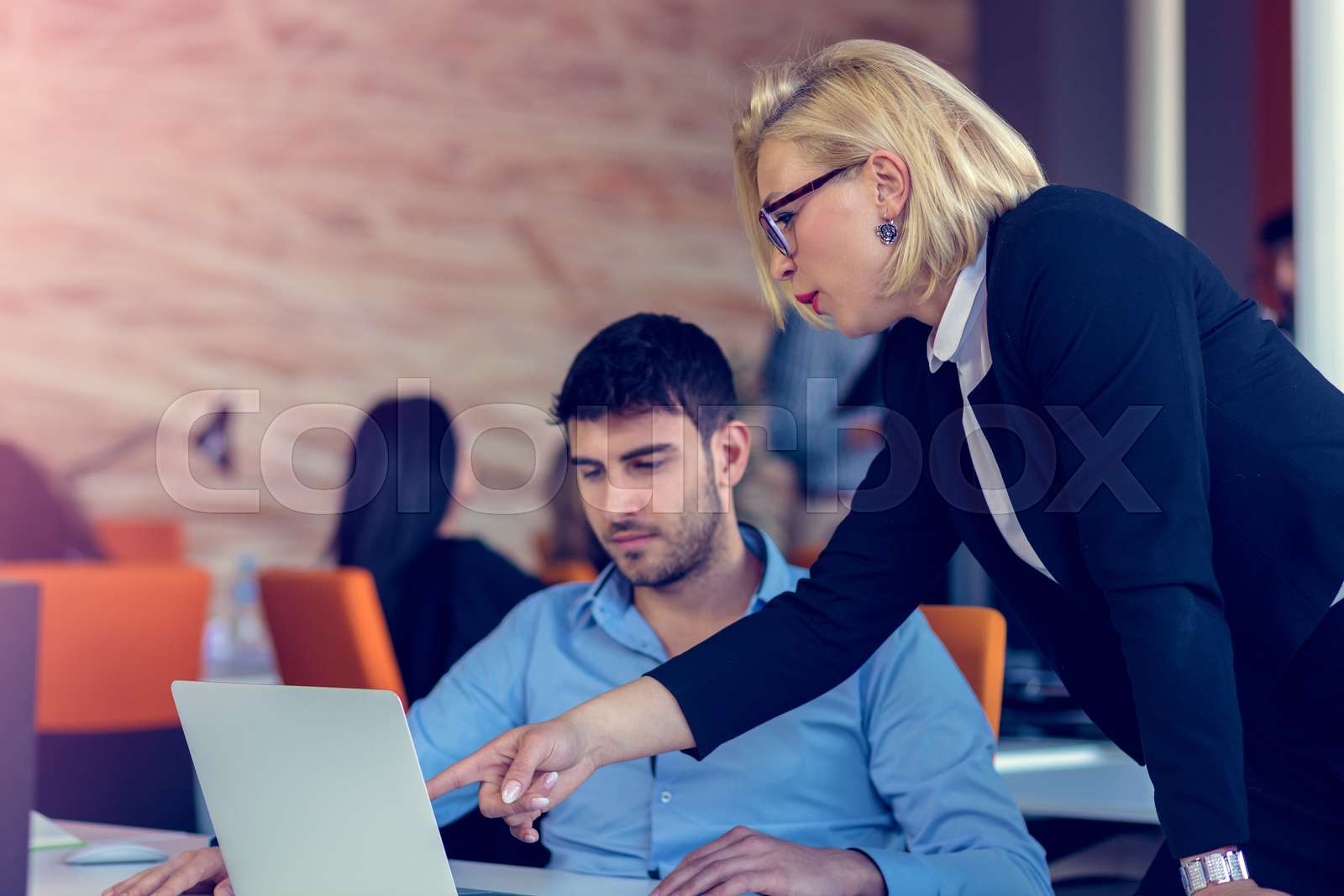 Skilled professional blonde female CEO explaining to young male ...