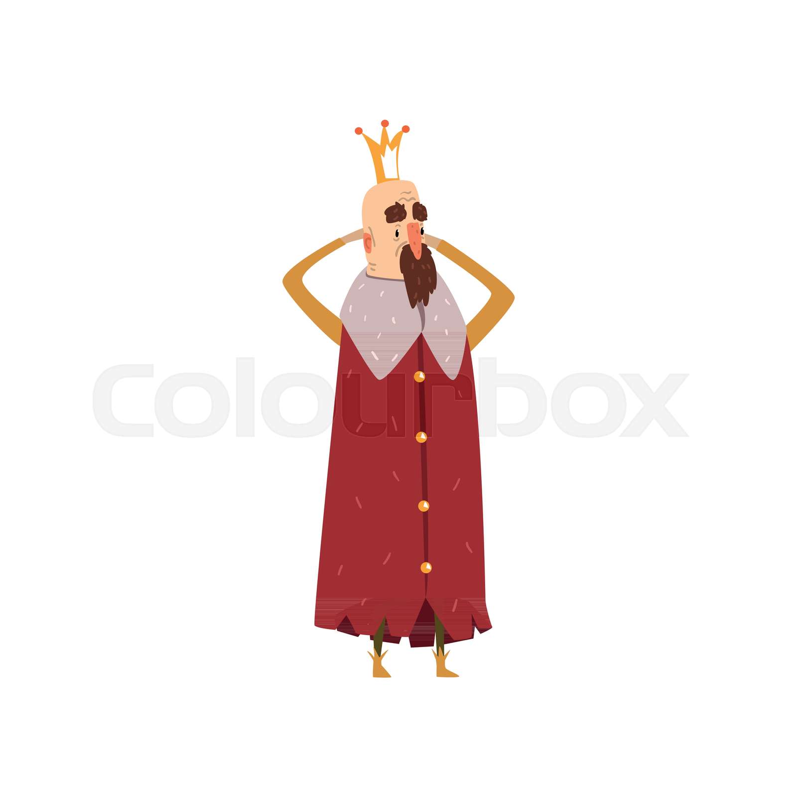 Funny bearded king character in red mantle holding his head cartoon ...