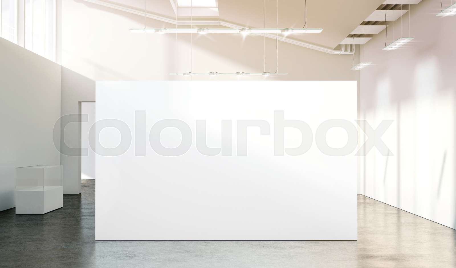 Blank white wall mockup in sunny modern empty gallery | Stock image ...