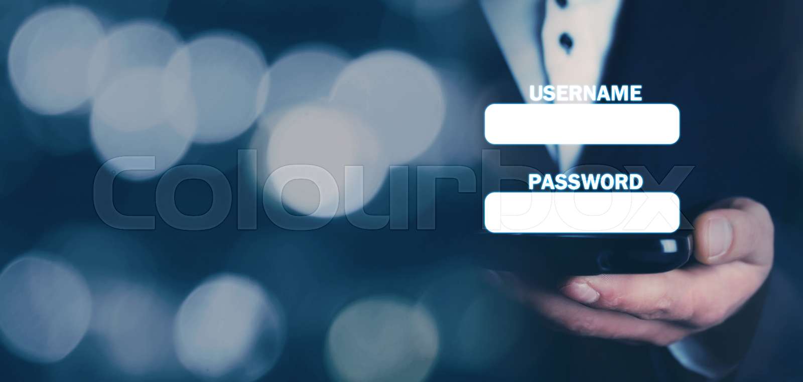 Man holding Username and Password panels. | Stock image | Colourbox