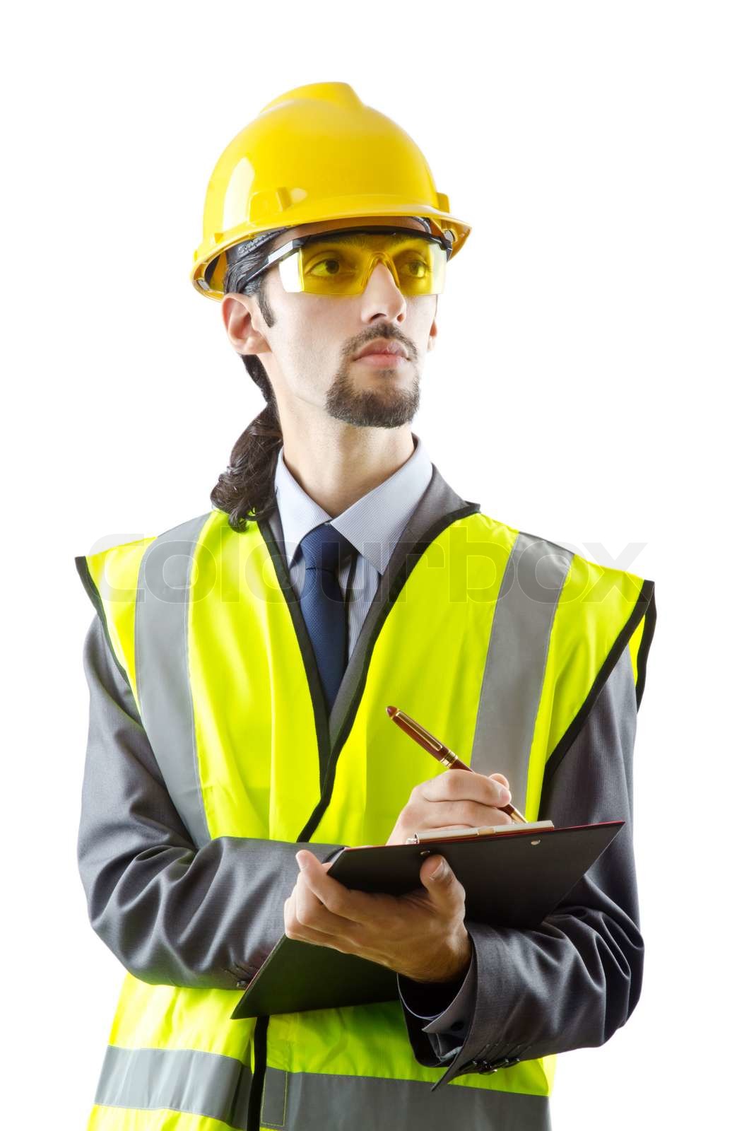 Man with hard hat on white | Stock image | Colourbox