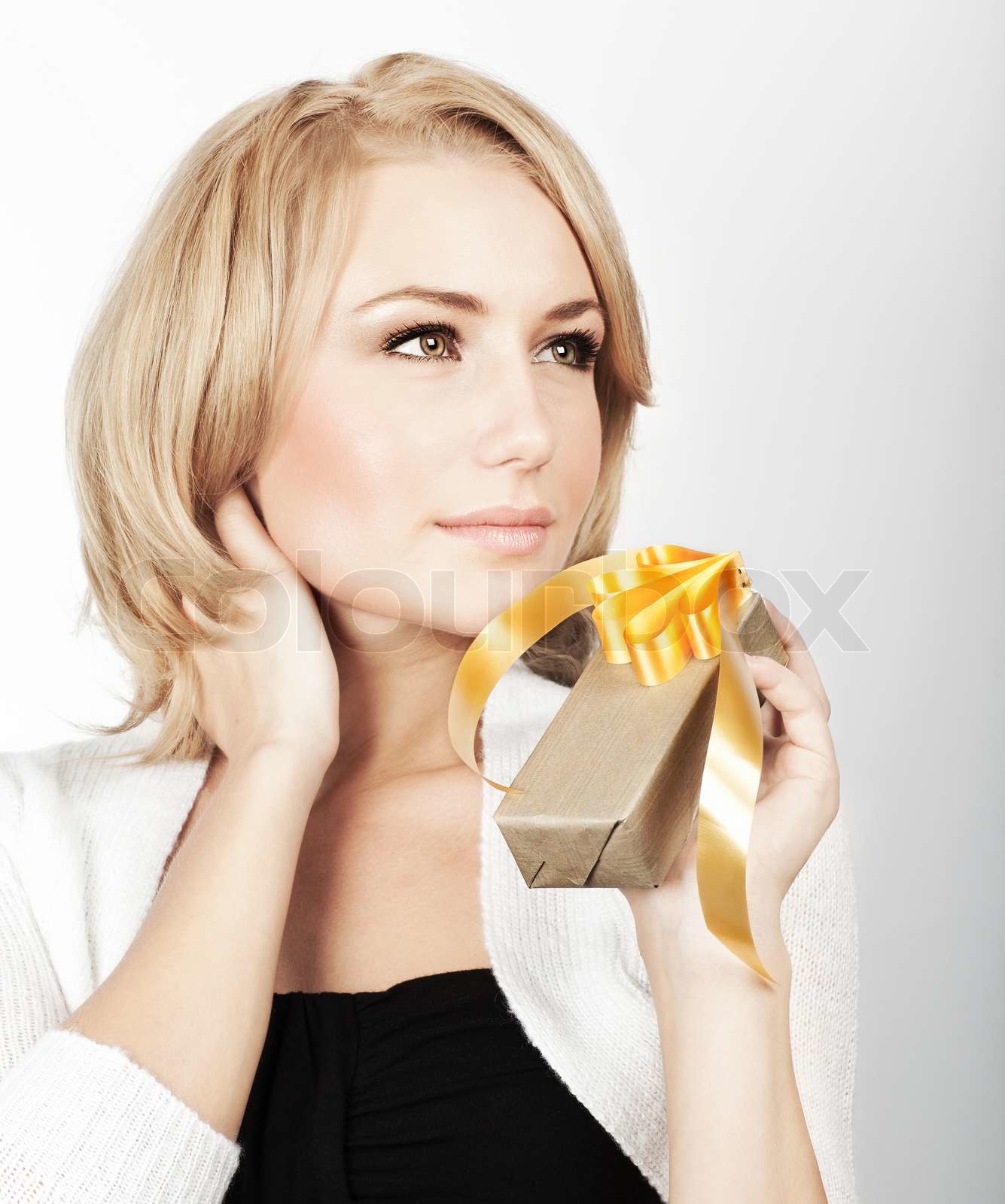 Beautiful woman with present, portrait of female with gift, girl giving ...