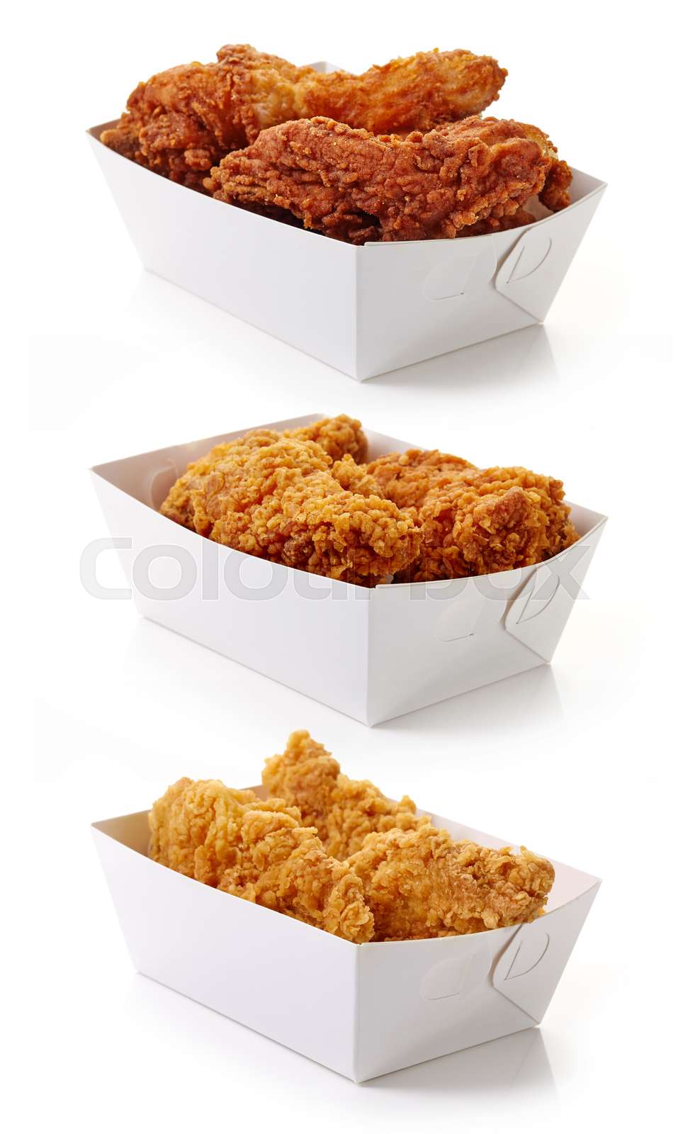 Fried breaded chicken fillet in white cardboard boxes | Stock image ...