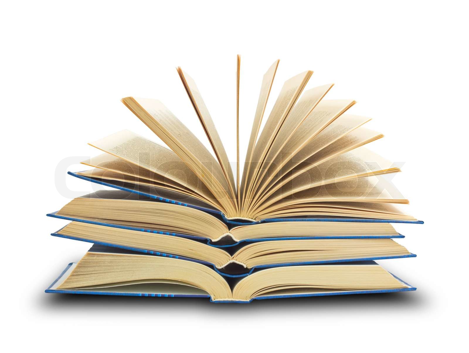 Pile of books with one book open on white background | Stock image ...