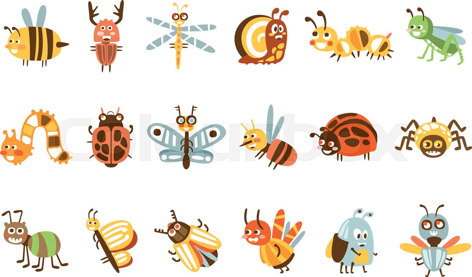 Funky Bugs And Insects Set Of Small Animals With Smiling Faces And ...