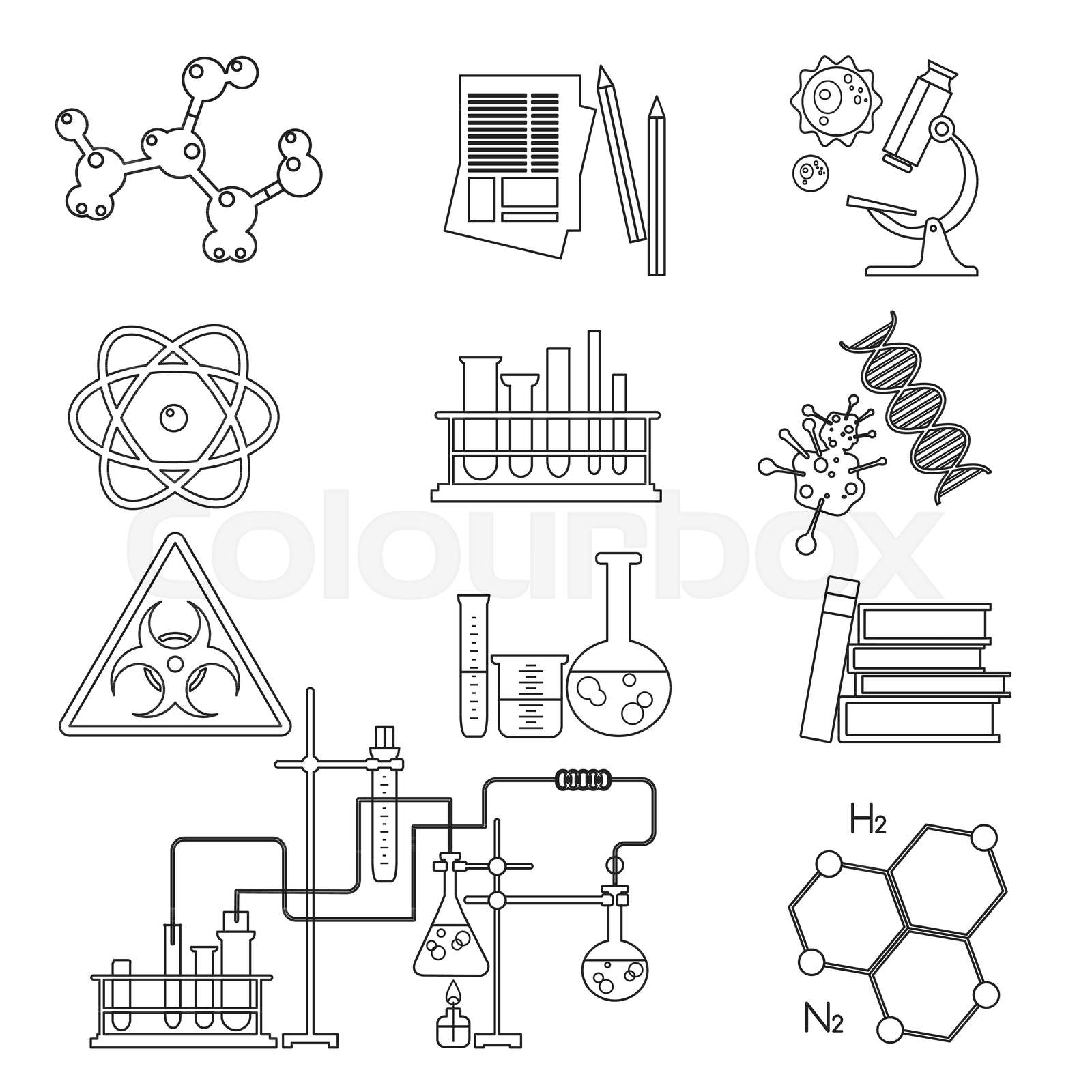 Chemical laboratory science and technology thin line icons set isolated ...