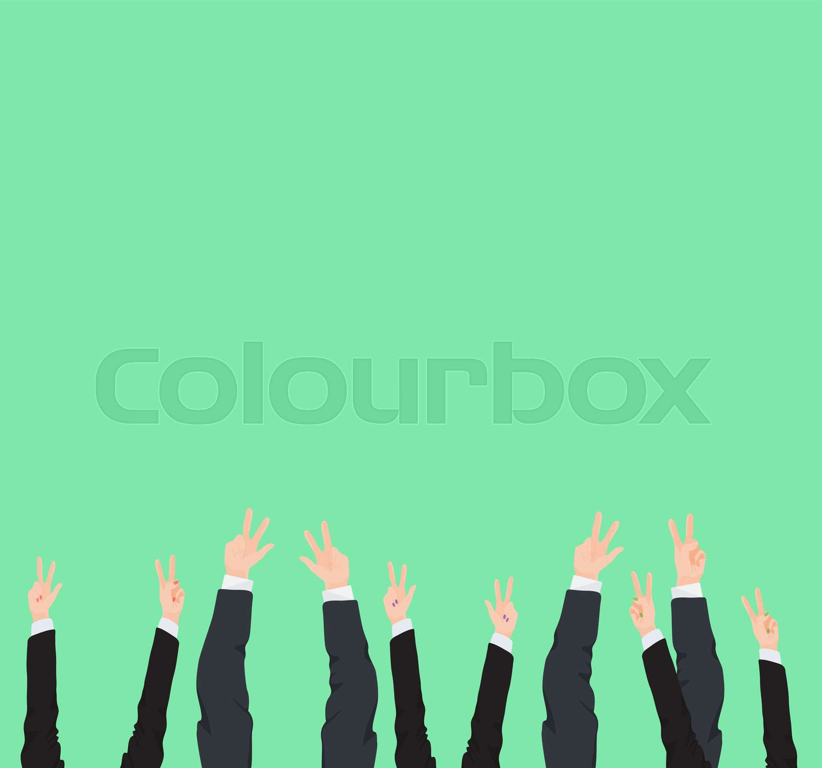 Many hands up victory and success gestures of different business man ...