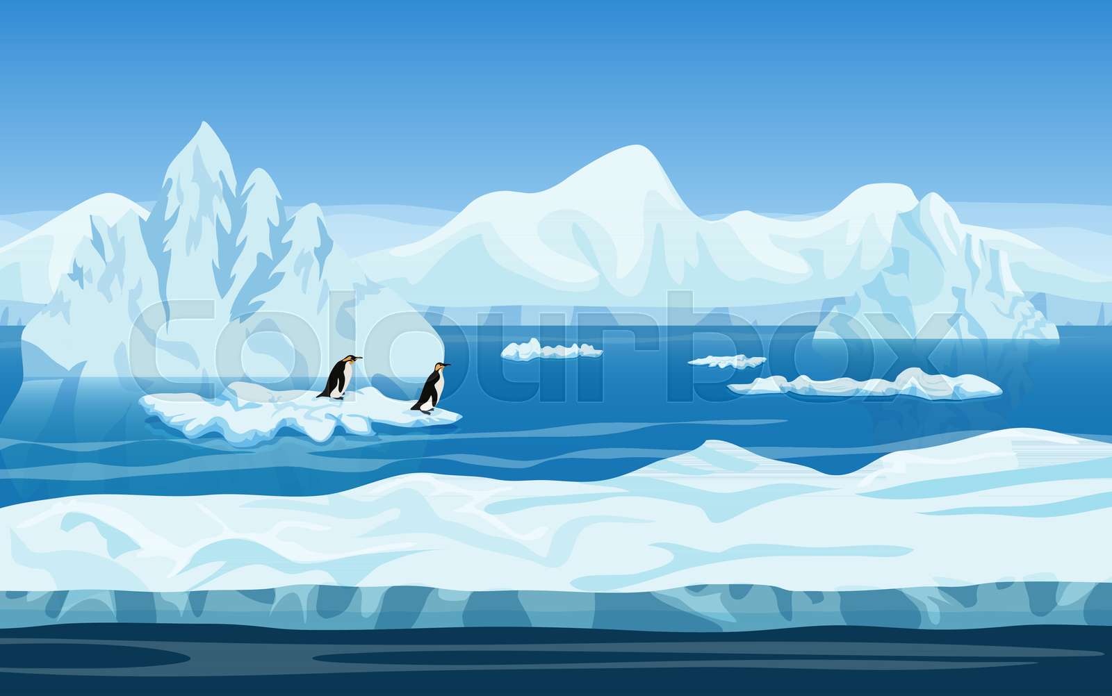 Cartoon nature winter ice landscape with iceberg, snow mountains hills ...