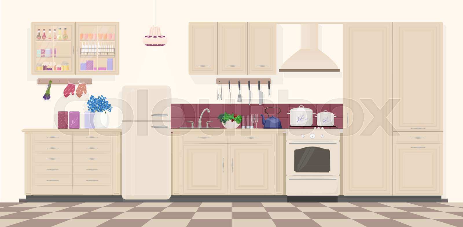 Modern classic vintage kitchen interior with furniture and cooking ...