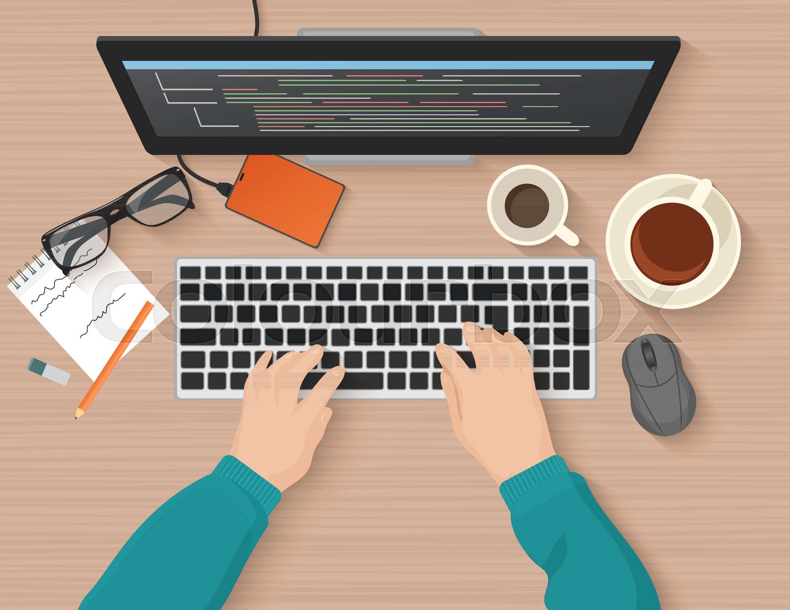 Developer Working At Computer Programmer Hands Coding Programming Flat Illustration Concept