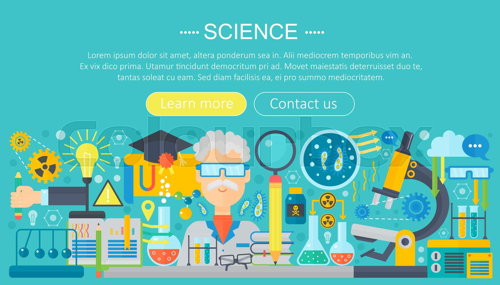 Flat design concept of science. Horizontal banner with scientist ...