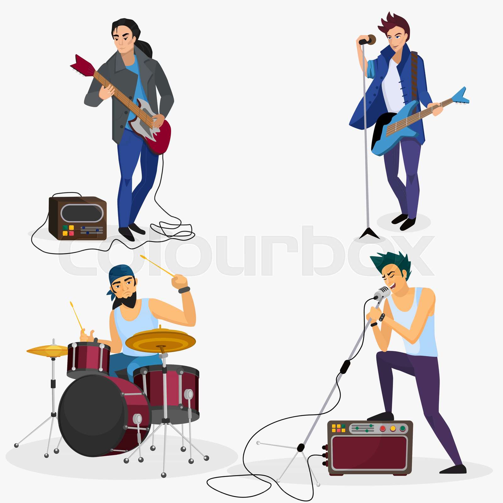 Rock band members isolated. Musical group singer, drummer, guitar ...